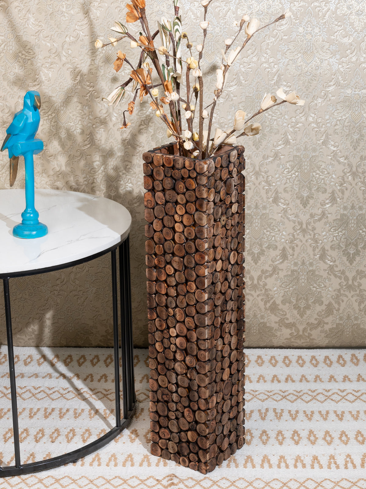 Tall Square Shaped Wood Crafted Flower Vase for Home Office Decor - 2
