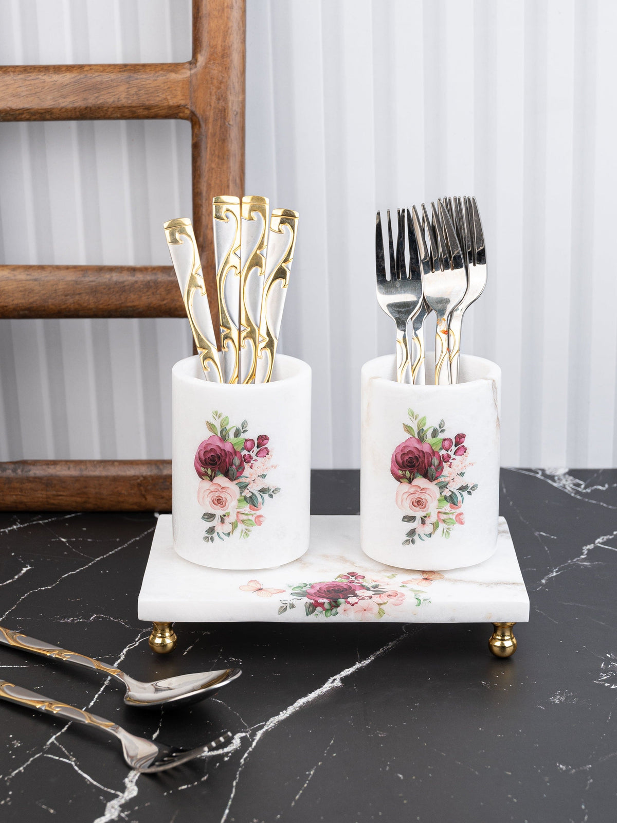 Marble Printed Set of 2 Cutlery Holder on a Rectangular Plate with Gol