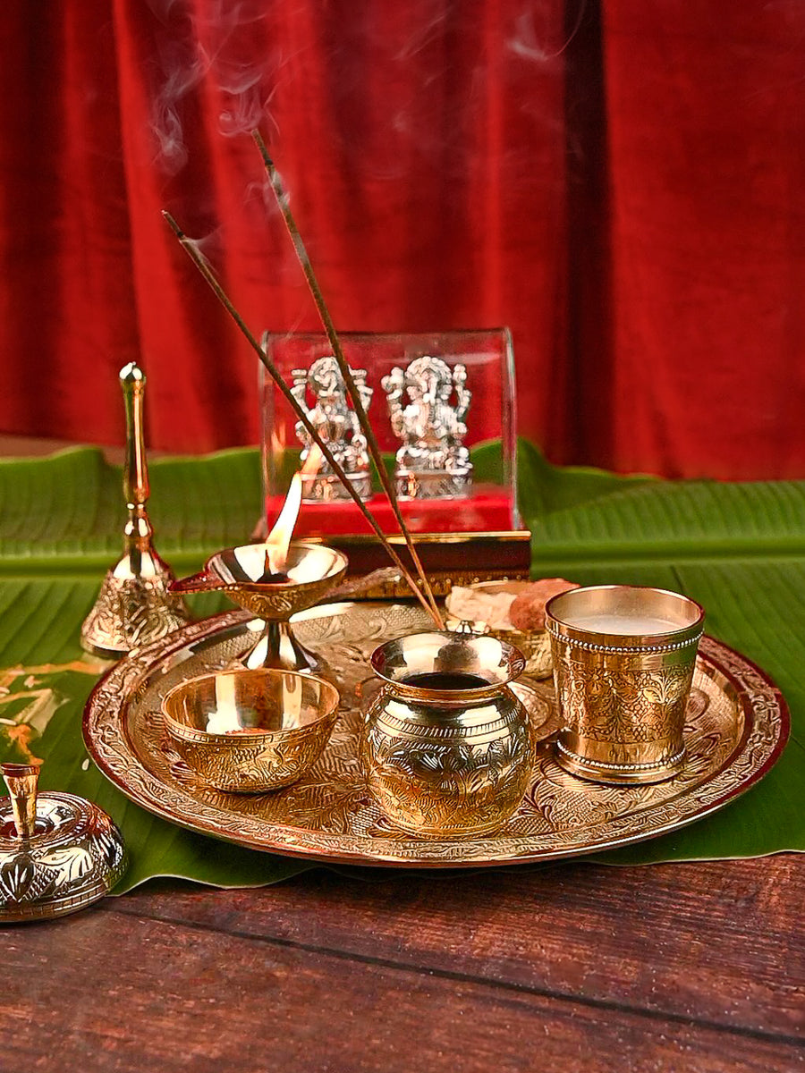 Brass crafted 8 pieces Puja thali set for everyday puja and rituals