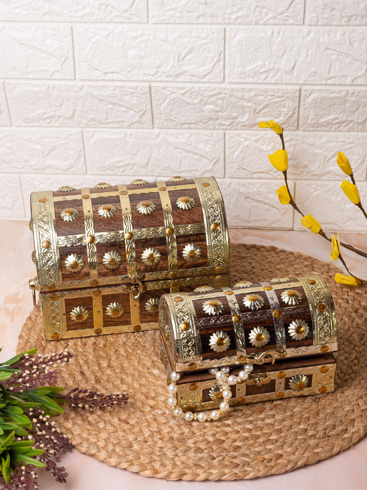 Retro Wooden Treasure Chest Multi-Storage Unit - Set of 2