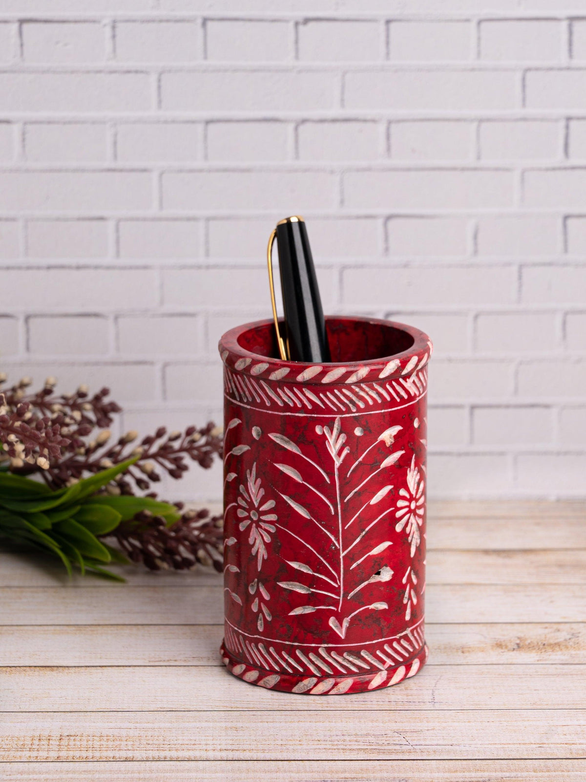 Red Soapstone Handcrafted Pen Holder | Heritage Artifacts