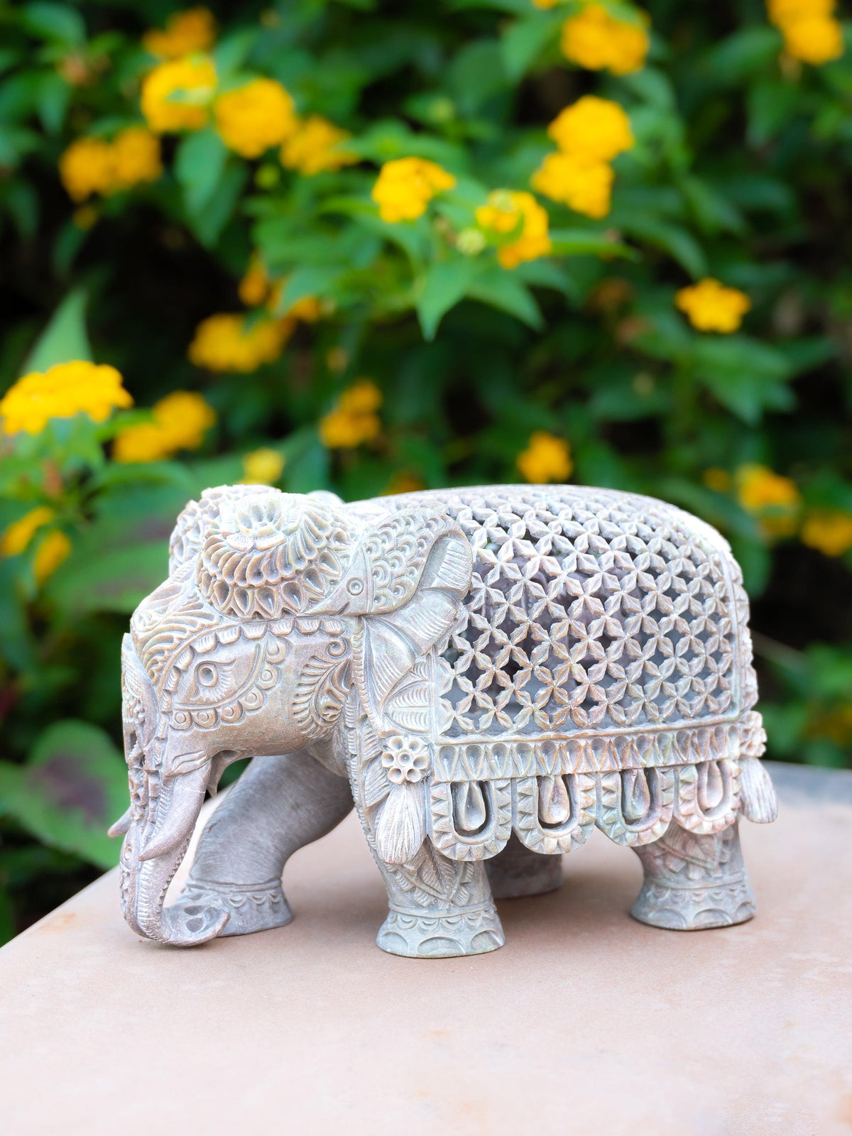 Intricately Carved Stone Elephant Showpiece | Elegant Decor