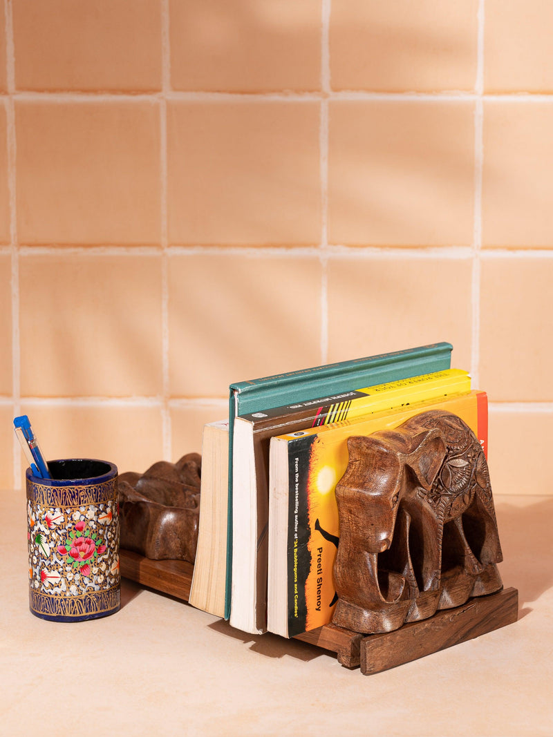 Artisanal Elephant Book Holder | Walnut Wood Craft