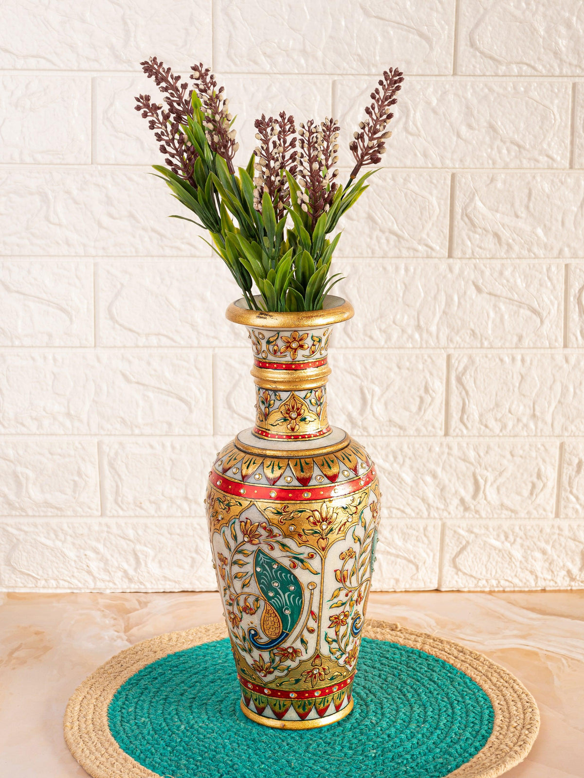 12-Inch Marble Flower Vase: Vibrant Meenakari Painting